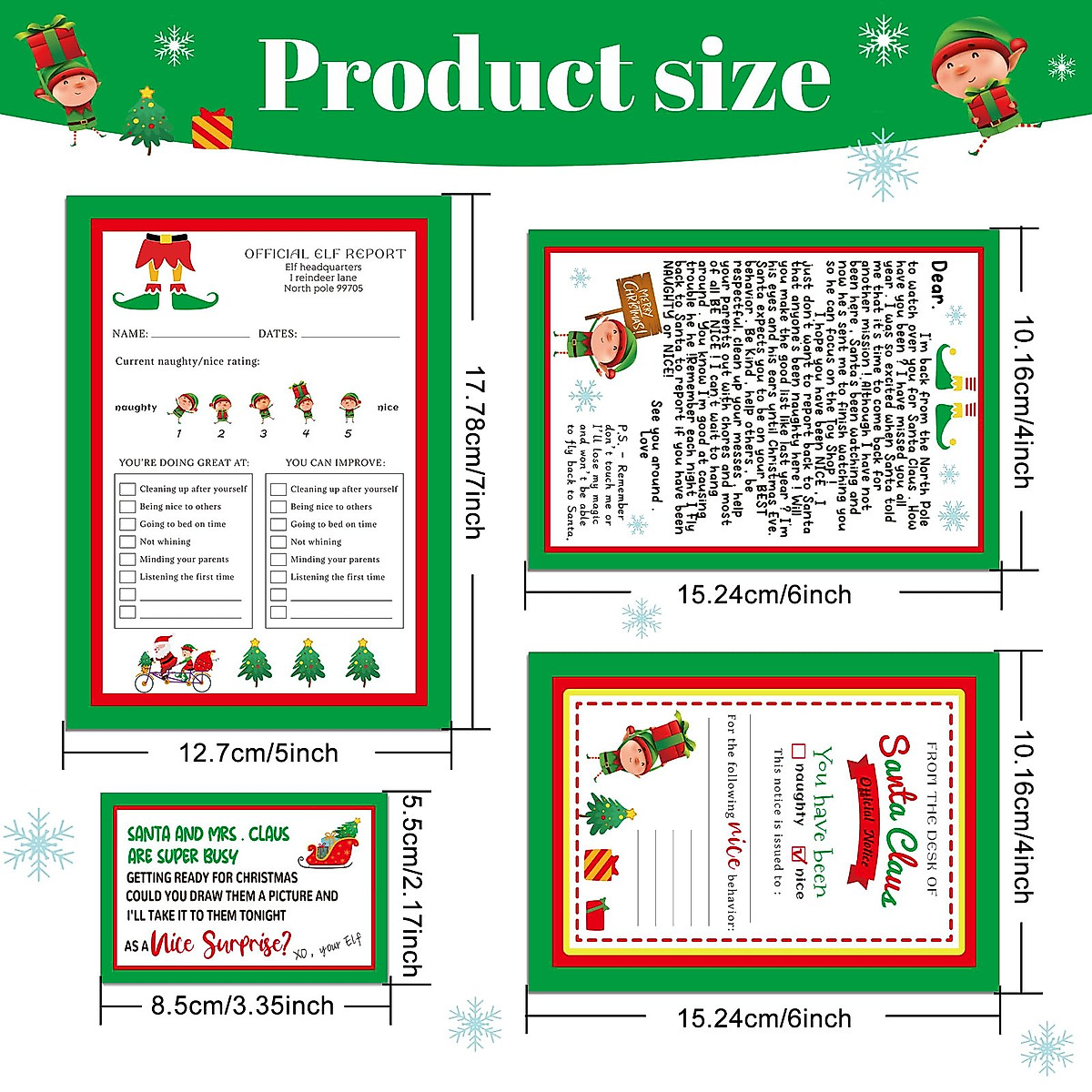 52 Pcs Elf Notes and 2 Elves Notice Naughty or Nice Behavior Checklist Stationary Paper 3 Elf Bonus Letter and Elf Reports Set Elf Christmas Note Cards for Christmas Student Kid Preschool (Classic)