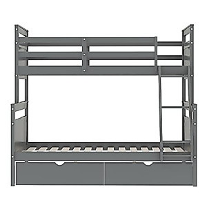 Twin Over Full Bunk Bed with Storage Drawers, Solid Wood Bunk Bed Frame for Kids, Teens, Adults (Gray)