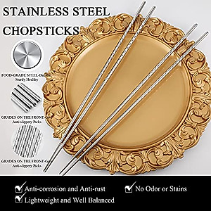 4 Pairs Long Cooking Chopsticks 15.3 Inch Extra Long Stainless Steel Chopsticks with Non Slip Threaded and 16.5 Inch Wooden Noodles Kitchen Cooking Frying Chopsticks (Silver, Wood Color)