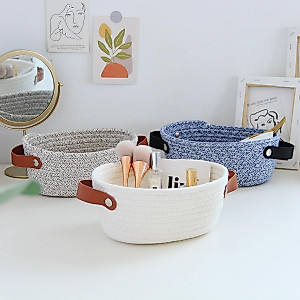 Kamuavni Woven Basket Storage Bins for Bathroom Small Toilet Paper Holder Basket Baby Nursry Basket with Handles for Toys Boho Decor Basket for Plants 9.1x7.1x4 inch-White