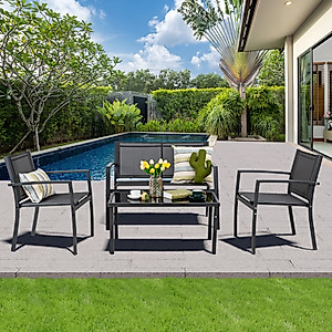 Meilocar 4 Pieces Patio Furniture, Textilene Metal Outdoor Furniture Set, Modern Conversation Set with Loveseat Tea Table, Small Outdoor Patio Chat Set for Backyard, Porch, Lawn and Balcony (Gray)