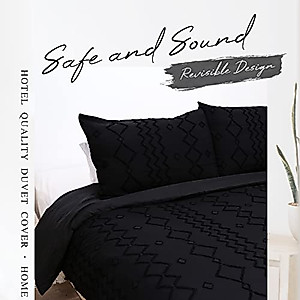 Safe and Sound Duvet Cover, Soft, Breathable 3 Pieces Bedding Set with Zipper Closure, 8 Corner Ties, 2 Pillow Shams, 1 Duvet Cover for All Seasons (Queen, 90X90 Inches, Black-No Comforter)
