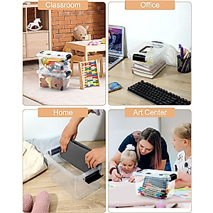 NEATJELAI Plastic Storage Bins with Lids -Storage Organizer Bins with Black Buckle Lids, Stackable Storage Bins with Lids for Home Office Closet Art Supplies Organization,6 Packs, Clear