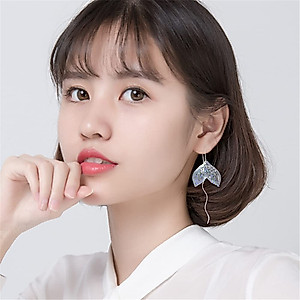 Dainty Ocean Mermaid Tail Threader Dangle Earrings for Women 925 Sterling Silver Acrylic Sequins Fishtail Long Curved Line Wave Wire Drop Dangling Stud Earring Retro Birthday Cosplay Party Y2K Jewelry