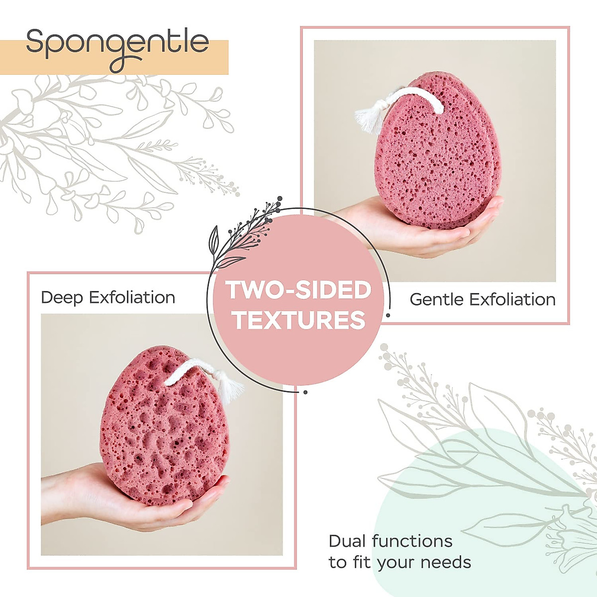 Spongentle Deep Cleansing Foam Body Loofah Sponge, Natural Colors, for Bath and Shower, Multiple Textures for Gentle and Deep Exfoliation, Generous and Rich Lather, (Pack of 2)