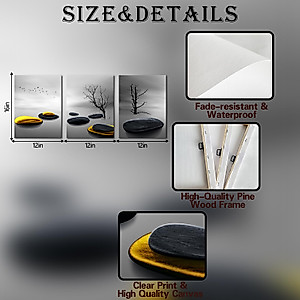 MLOML 3Pcs Modern Bathroom Yellow Gray Wall Art Picture Balance Stone Pebble Canvas Print Black and White Tree Zen Artwork Wall Decor for Office Bedroom 12x16 inchx3