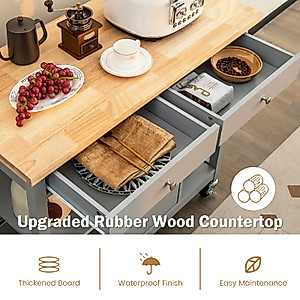 LOKO Kitchen Island on Wheels, Rolling Kitchen Serving Cart with 2 Drawers, 4 Open Shelves & Adjustable Shelf, 3-Tier Kitchen Cart with Rubber Wood Top for Home Kitchen & Coffee Bar, Grey