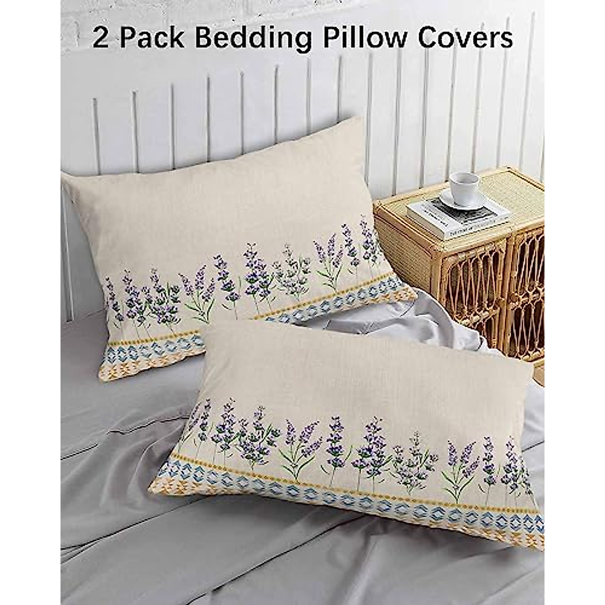 Edwiinsa Boho Flower Pillow Covers Standard Size Set of 2 20x26 Bed Pillow, Spring Floral Purple Modern Geometric Plush Soft Comfort for Hair/Skin Cooling Pillowcases with Envelop Closure