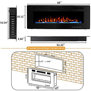 60 inch Electric Fireplace Wall Mounted Led Wall Fireplace Drifting Fireplace Recessed Electric Fireplace Inserts, Adjustable Flame Color Electric Fireplace