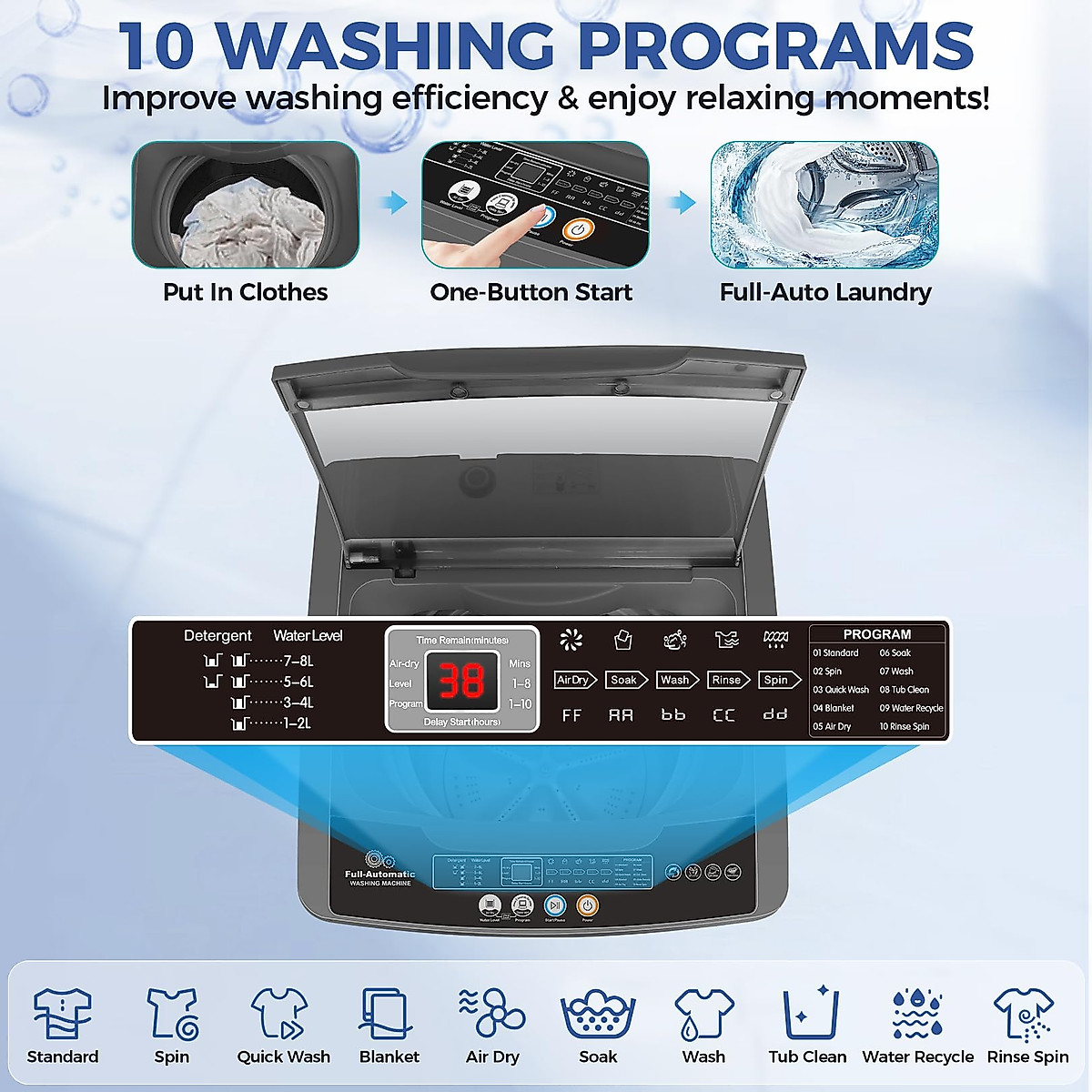 Nictemaw Portable Washing Machine, 17.8Lbs Capacity Full-Automatic Portable Washer, 2.4Cu.ft Washer and Dryer Combo with Drain Pump, LED Display, 10 Programs & 8 Water Levels for Apartment Dorm RV