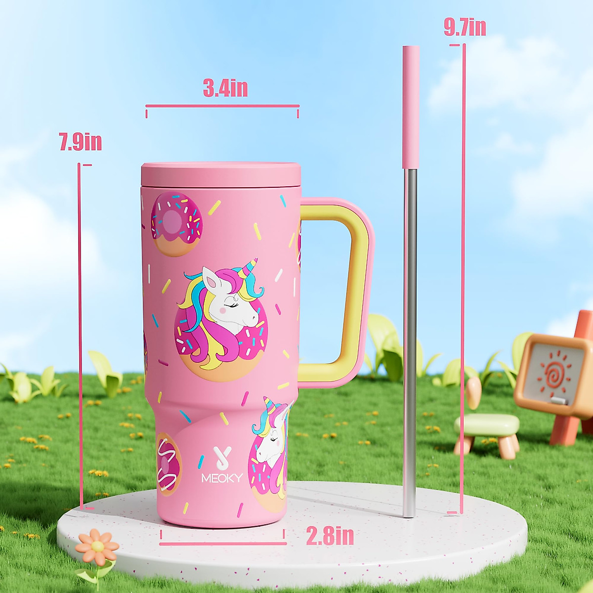 Meoky 24 oz Tumbler with Handle and Straw, 100% Leak-proof Tumbler with Lid and Straw, Insulated Stainless Steel Travel Coffee Mug, Keeps Cold for 24 Hours (Unicorn & Celebration)