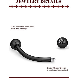 Prjndjw Black 8Pairs 16G 3/8in Eyebrow Piercing Earrings Stainless Steel CZ Matt Ball Curved Barbell Daith Rook Snug Tragus Body Jewelry Retainer for Women Men