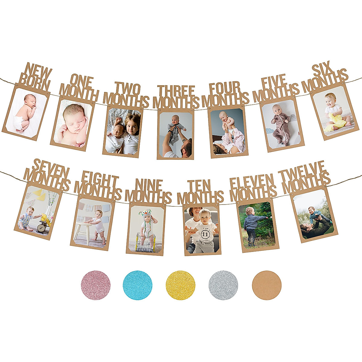 PartyHooman 1st Birthday Photo Banner for Baby from Newborn to 12 Months, First Birthday Decorations Boy or Girl Monthly Milestones Garland | First Birthday Photo Banner Pre-strung with Frame (Kraft)