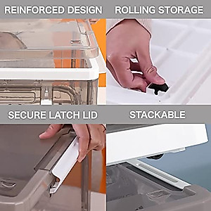 EZOWare 15 Quart Stackable Lidded Plastic Storage Bins with Front Opening and Wheels, 2 Pack Foldable Organizer Cube Box Containers with Latch Lid - White and Clear Gray