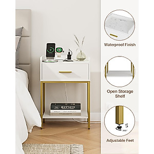 Masupu Nightstand with Charging Station,3-Tier Modern Bedside Night Stand with Storage Drawer and Shelf,Small End Side Table for Bedroom,Living Room,White