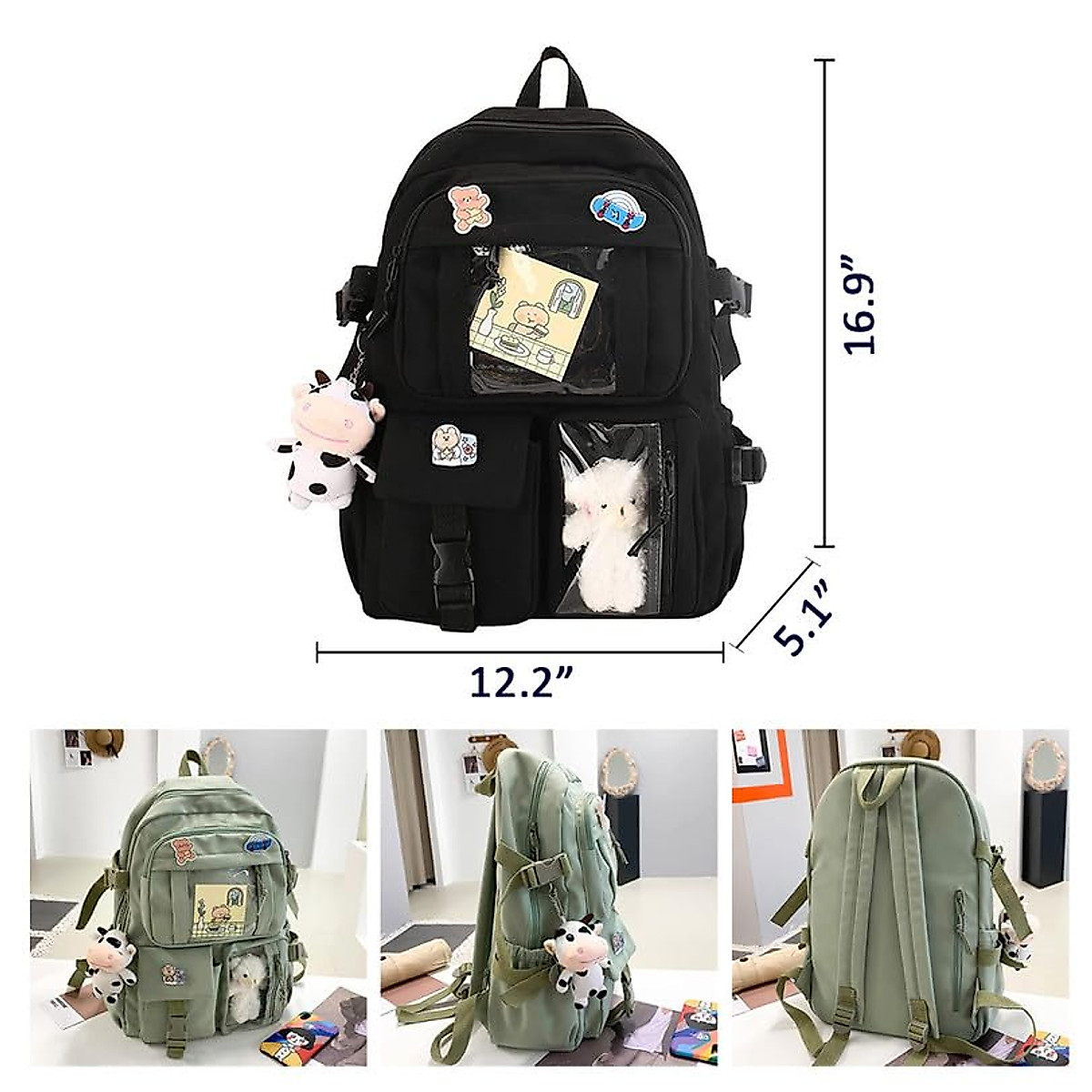 ChenLee Kawaii Backpack Rucksack Aesthetic Student Bookbags with Kawaii Pin and Pendants Accessories for Teen Girls
