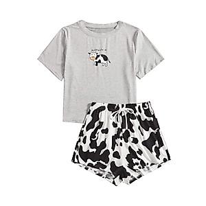 WDIRARA Women's Cartoon Cow Print Short Sleeve Tee and Shorts Pajama Set Multicolored XS