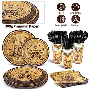 Durony 169-Piece Pirate Tableware Set - Pirate & Treasure Theme Birthday Party Supplies - Plastic Tablecloth, Plates, Napkins, Cups & Favors - Treasure Map Decors