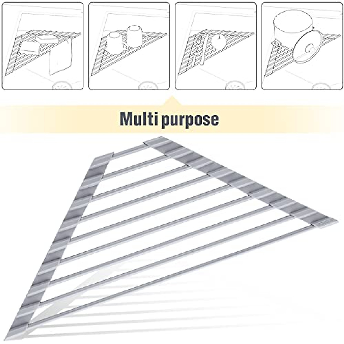 Triangle Roll-Up Dish Drying Rack - Small Foldable Silicone Coated for Sink Corner, Stainless Steel Over Sink Organizer, Drainer Caddy and Space Saver for Multipurpose Kitchen Storage (Gray)
