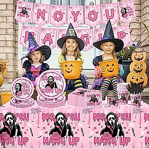 Halloween Scream Birthday Decorations-142pcs No You Hang Up Tableware,Pink Scream Halloween Party Plates Napkins Cups Tablecloth Banner for Girl Halloween Birthday Party Horror Decor