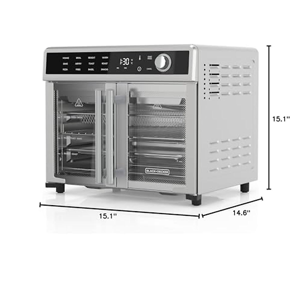 BLACK+DECKER Crisp 'N Bake Air Fryer Toaster Oven Combo, 12 in 1 Countertop Convection Oven Cooks Food Fast, Fits a Whole Pizza or 6 Toast Slices, French Doors with Stainless Steel Finish