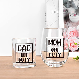 Modwnfy New Parents Gifts for Couples, Mom & Dad Off Duty Stemless Wine Glass & Whiskey Glass, New Parents Gifts First Time Parents Gifts New Mom and Dad Gifts for Mother Day Father Day Christmas