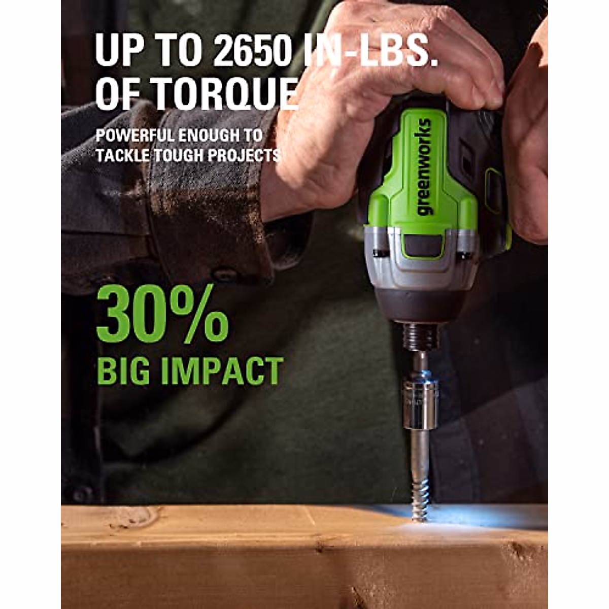 Greenworks 24V Brushless Cordless Impact Driver Kit, 2650 in./lbs Torque 1/4-inch Hex, Variable Speed Impact Drill/Driver Set, Included Power Bank, Bits and Tool Bag