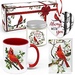 Cardinal Gift Set Christmas Red Bird Present Box Cardinal Mug Soy Candle Card Ceramic Hanging Cardinal Decor Memorial Gift Xmas Winter Holiday Always with You Sympathy Gift Basket for Bird Lover