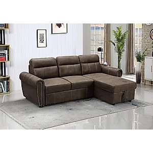FULife Upholsterd Modular Sectional Sofa w/Reversible Chaise Lounge,Adjustable L Shape 3 Seaters Corner Futon Lounge Recliner Couch with Pull Out Sleeper Sofá Bed for Living Room/Compact Space