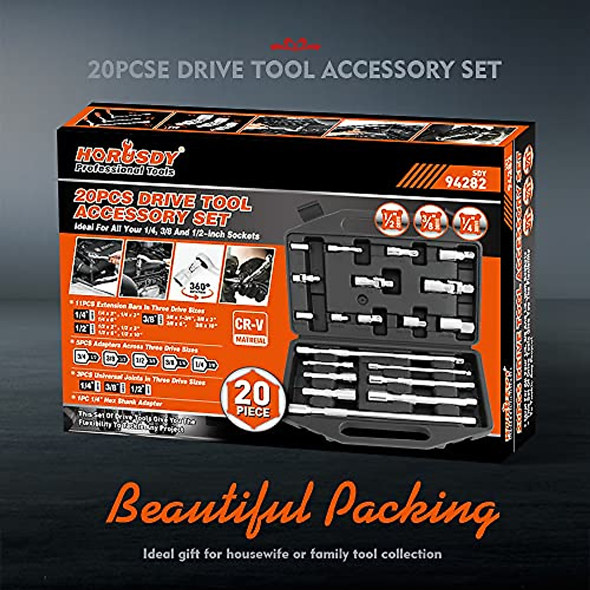 HORUSDY 20-Piece Extension Bar Set, 1/4", 3/8" and 1/2" Drive Socket Extension Set
