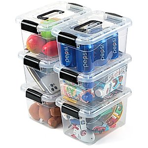 NEATJELAI Plastic Storage Bins with Lids -Storage Organizer Bins with Black Buckle Lids, Stackable Storage Bins with Lids for Home Office Closet Art Supplies Organization,6 Packs, Clear