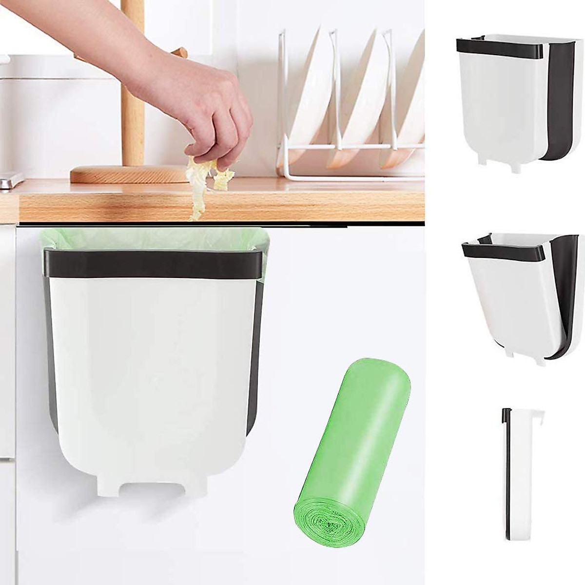 EGUANSHIZU Hanging Cabinet Door Trash Can, 2.4 Gallon Capacity, White, ABS and Silicone Material, Foldable for Easy Storage and Portable Use