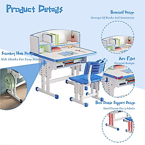 WGLAWL Kids' Study Desk Chair Sets, Blue, Adjustable Height, Ergonomic Design, with Large Storage Drawer and Bookshelf, Suitable for Ages 3-18