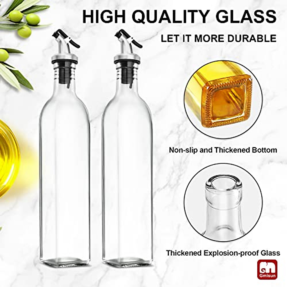 GMISUN Olive Oil Dispenser Bottle, Oil Dispenser Bottle for Kitchen, Cooking Oil and Vinegar Dispenser Set 4Pack, Glass Oil Container Cruet-Oil Pourer Spout, Funnel and Labels, Clear for Oil, Vinegar