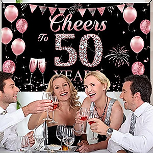 Happy 50th Birthday Decorations for Women, Cheers to 50 Years Backdrop Banner, Rose Gold 50th Birthday Party Yard Banner, 50th Wedding Anniversary Decoration Banner for Outdoor Indoor, Vicycaty