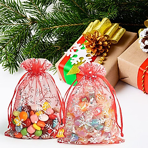 HRX Package 100pcs Snowflake Organza Bags Christmas 4x6 inch, Red Drawstring Mesh Gift Pouches for Jewelry Candy Party Favor