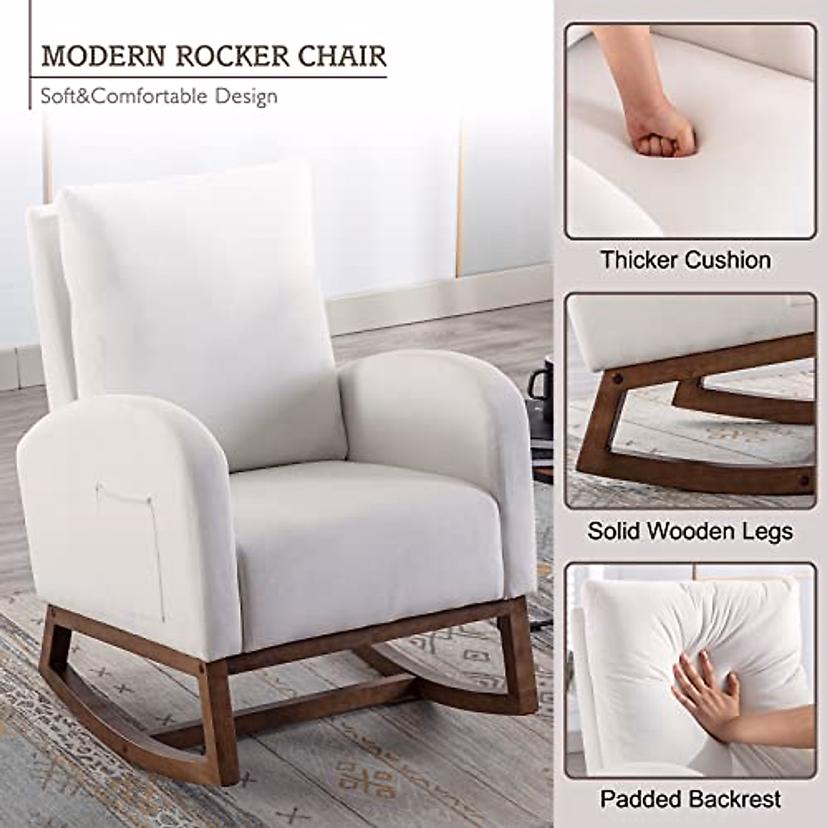 Rocking Chair Nursery Glider Rocker Chair High Backrest Upholstered Velvet Accent Armchair with Side Pocket for Living Room Bedroom Office (Cream)