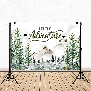 Adventure Awaits Baby Shower Decorations Let The Adventure Begin Backdrop Banner,Tablecloth,Sage Green Balloon Garland for Travel Themed Forest Mountains Woodland Animals Birthday Party Supplies Decor