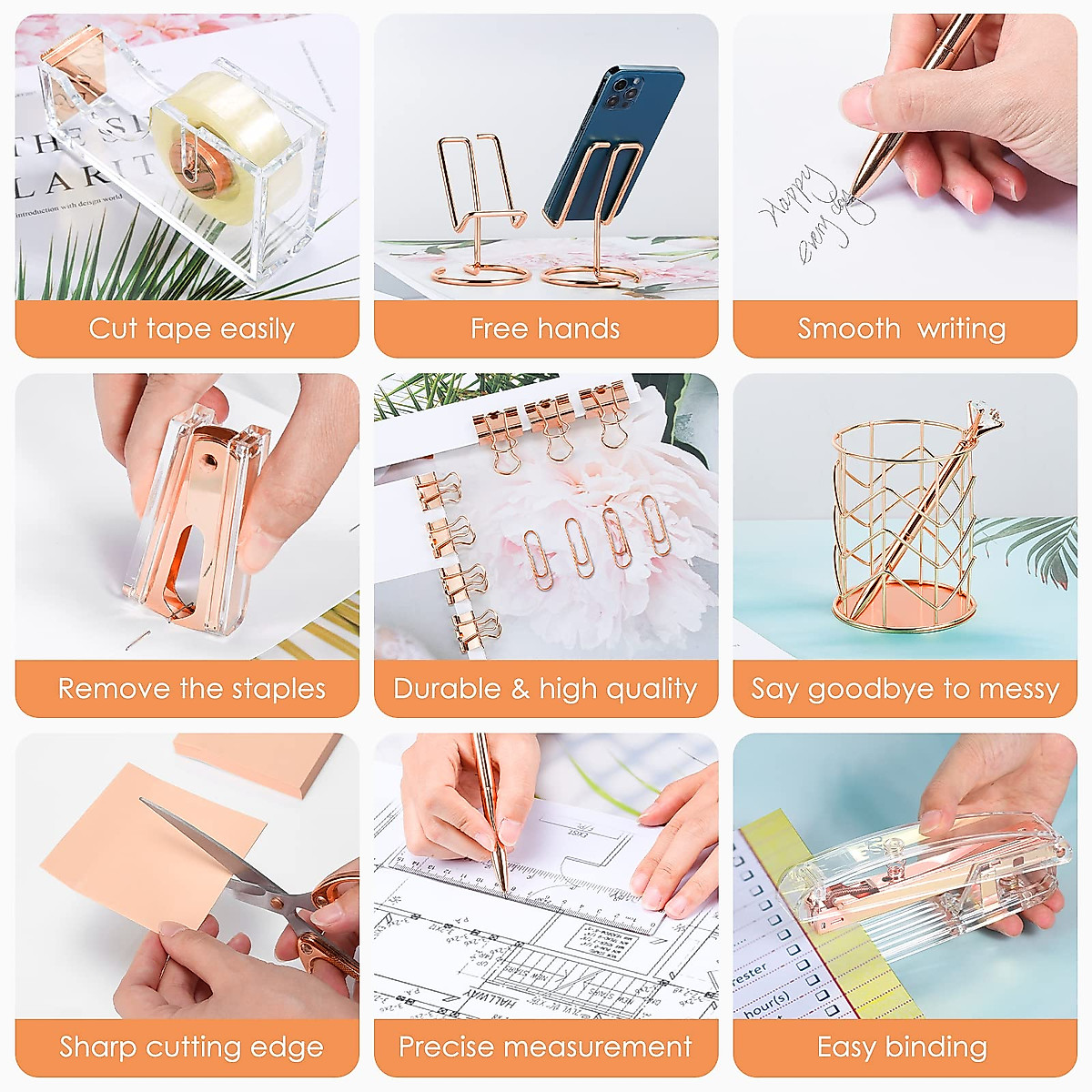 Aibocn Rose Gold Desk Accessories, Office Supplies, Acrylic Stapler, Staple Remover, Tape Holder, Pen 1000pcs Staples, Diamond Pen, Phone Scissors, Binder Clips, Ruler,Transparent Glue