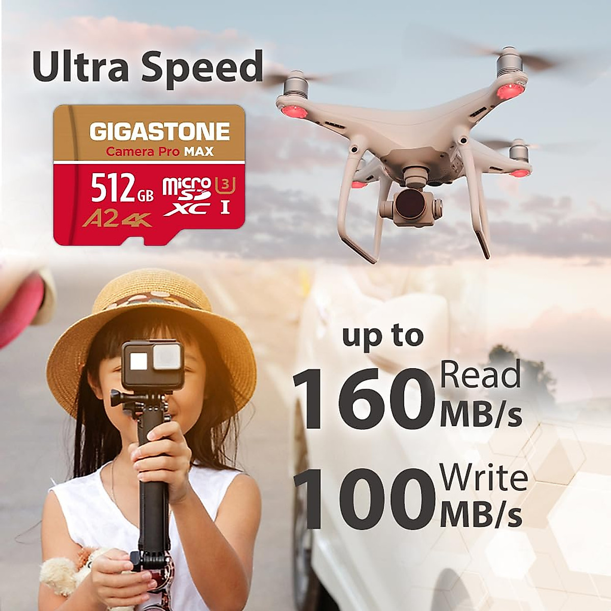 [5-Yrs Free Data Recovery] GIGASTONE 512GB Micro SD Card, 4K Camera Pro MAX, A2 V30 MicroSDXC Memory Card for Gopro, Action Cams, 4K UHD Video, Up to 160/100 MB/s, UHS-I U3 C10 with Adapter