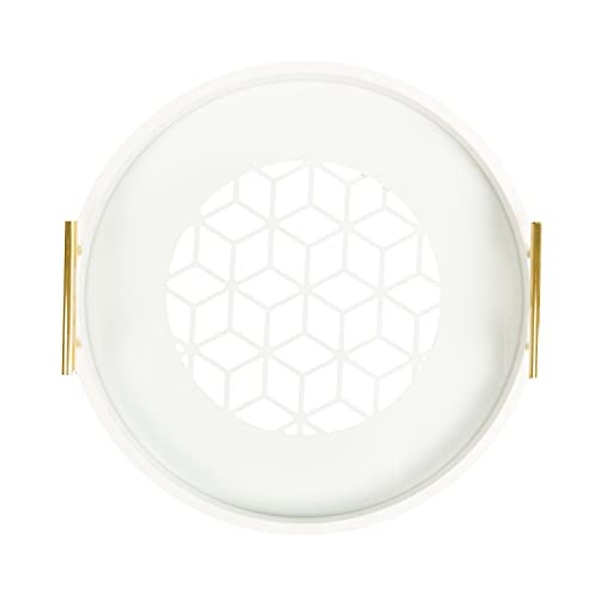 Kate and Laurel Caspen Round Cut Out Pattern Decorative Tray with Gold Metal Handles, White