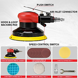 5" Air Random Orbital Sander Pneumatic Palm Sander Da Sander With 10 Pcs Sandpapers 3Pcs Polishing Pads Buffing Pads Kit for Sanding, Finishing, Polishing Wood Auto Body Work (Sanders)