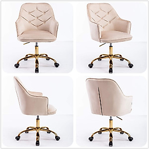 SSLine Elegant Velvet Desk Chair for Girls Women Modern Swivel Office Computer Chair on Wheels Cute Vanity Chair Leisure Chair w/Arm for Home Study Living Room (Beige and Gold Base)