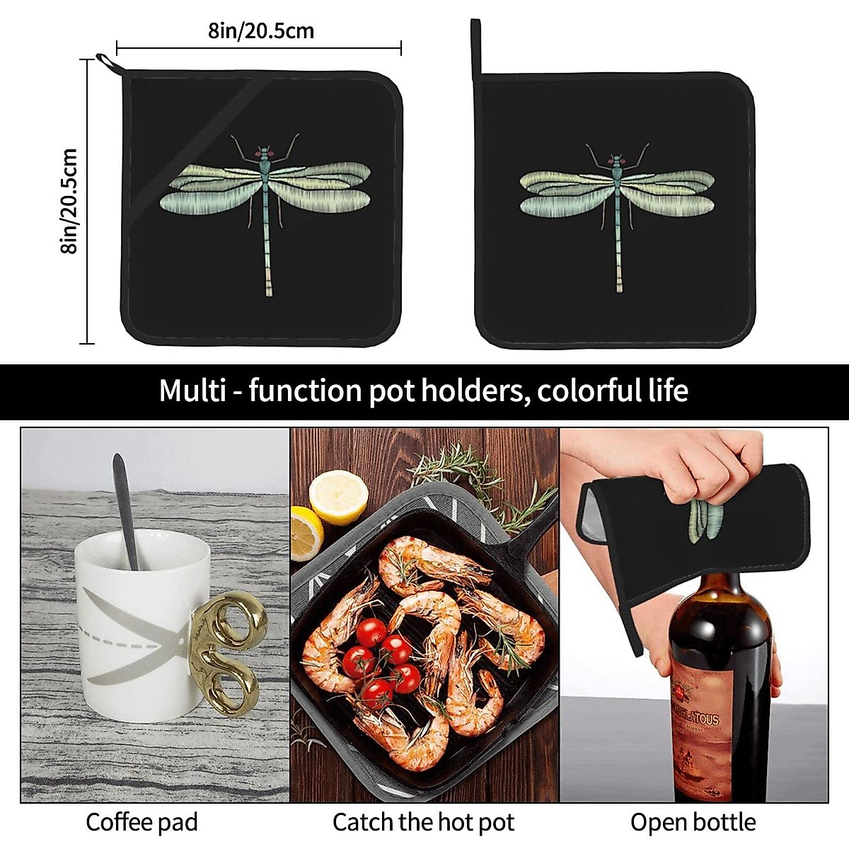 Square Insulated Pot Holder Sets of 2,Dragonfly Black Printed Pot Holders for BBQ Cooking Baking