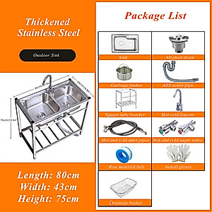 ADASTE Camping Sink Commercial Kitchen Sink Double Basins Stainless Steel Utility Sink Outdoor Catesink Wash Basin Sink with Cold and Hot Tap for Garage Garden Bar Restaurant