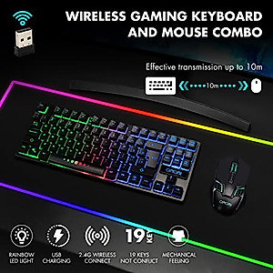 Gaming Wireless TKL Keyboard Mouse Combo Rechargeable LED Backlit Tenkeyless Compact 87 Keys 6 Button for Computer Laptop PS4 PS5 Switch Compatible with Windows XP/7/8/10 iMac MacBook Xbox one X