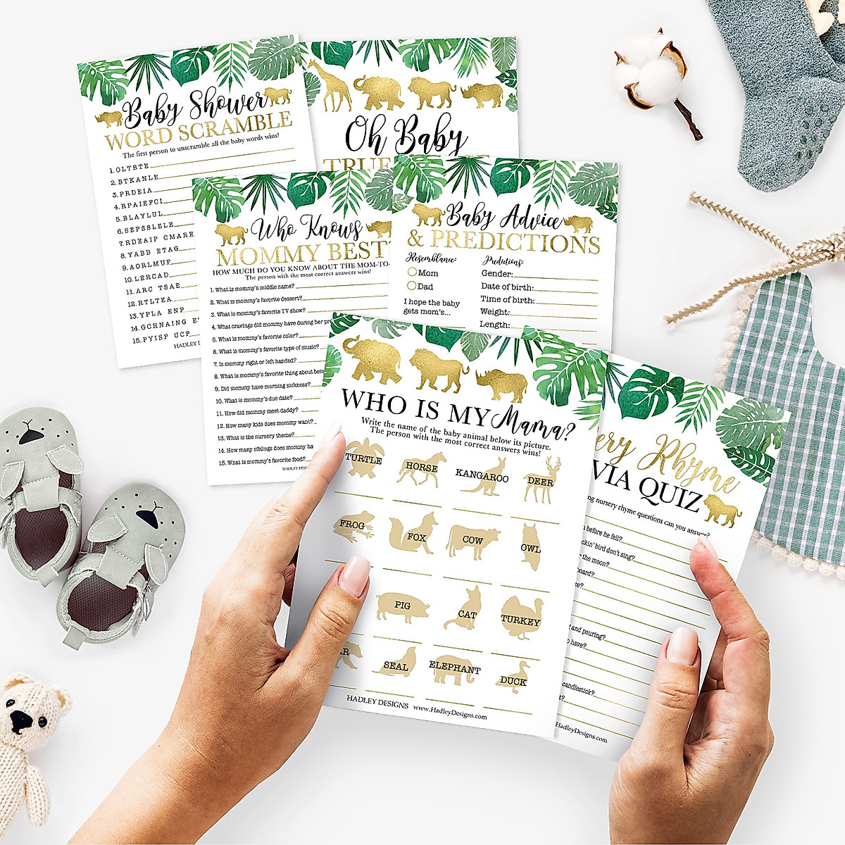 25 Safari Animal Matching, 25 Nursery Rhyme Game, 25 Word Scramble For Baby Shower, 25 True Or False Game, 25 Who Knows Mommy Best, 25 Baby Prediction And Advice Cards - 6 Double Sided Cards