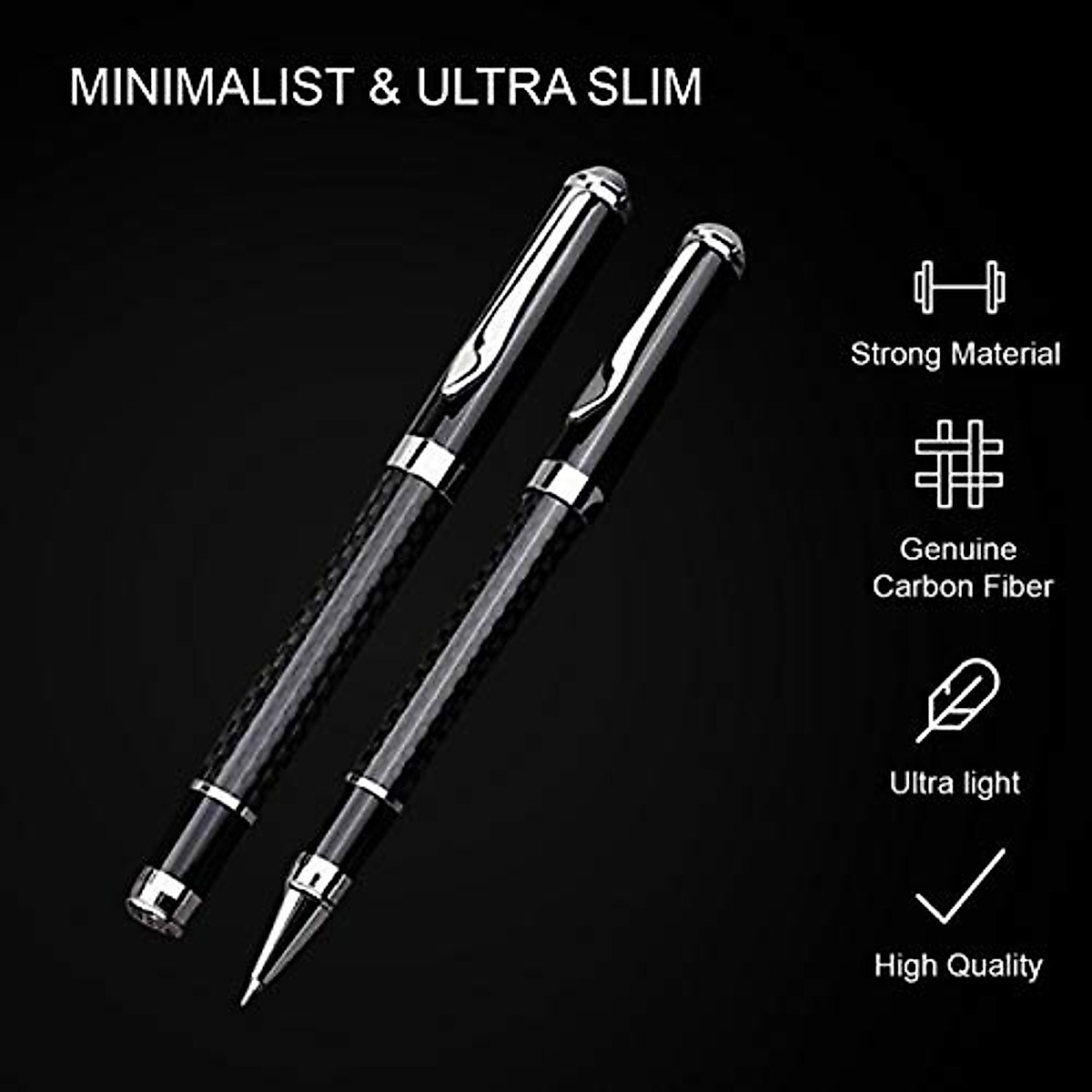 Executive Pen by Safedome - Elegant Roller Ball Pen with Carbon Fiber Barrel and Stainless Steel Accents, Refillable Pen, Professional and Fancy Luxury Pens for Journaling - Black and Silver