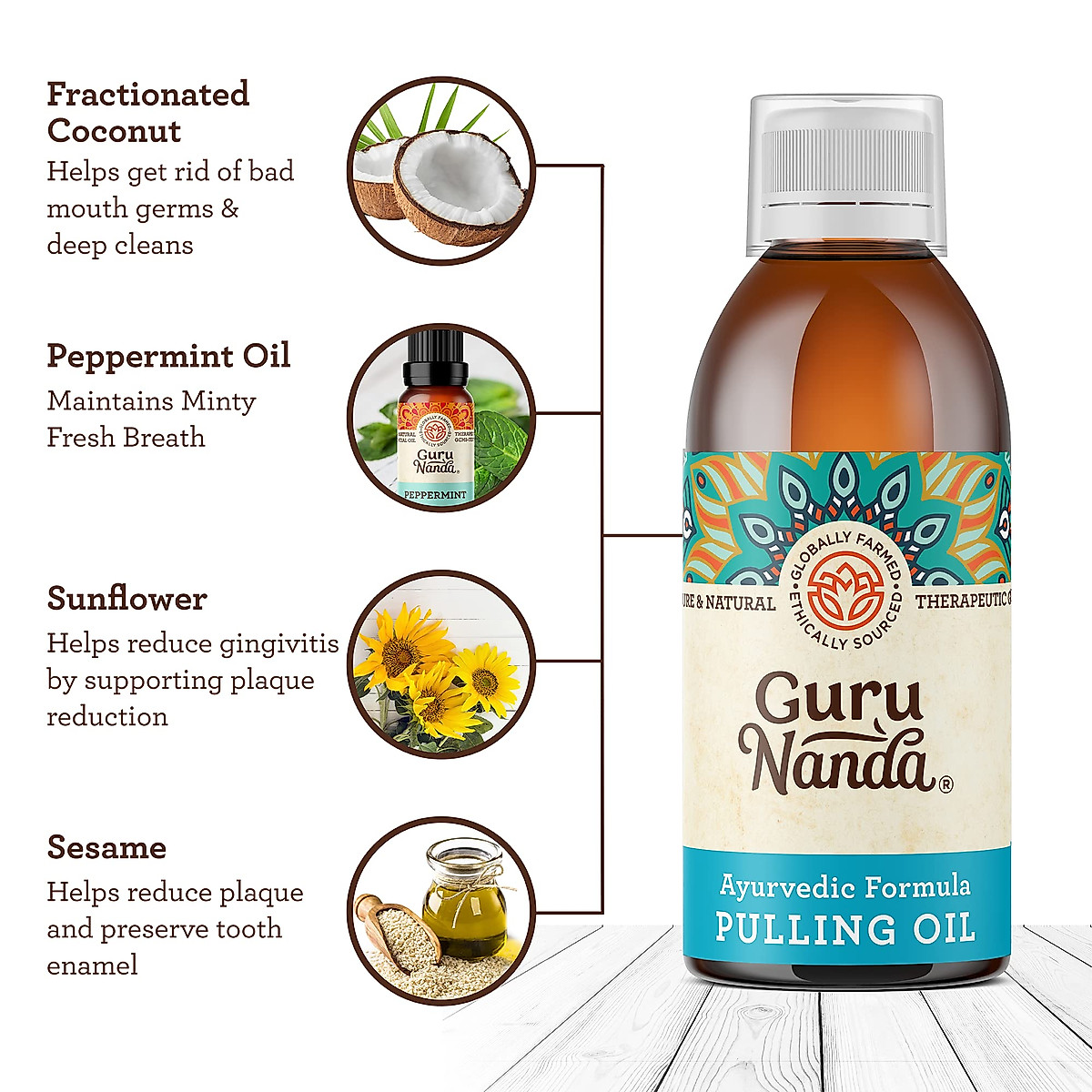GuruNanda Original Oil Pulling Oil & Whitening Pulling Oil, Blend of Coconut & Pure Peppermint Oil - Ayurvedic, Alcohol & Fluoride Free, Vegan, Natural Mouthwash for Teeth Whitening & Fresh Breath