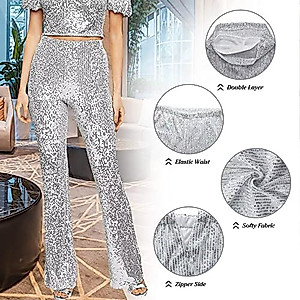 Sequin Flared Pants for Women High Waisted Loose Sparkly Wide Leg Disco Rave Pants Silver XL